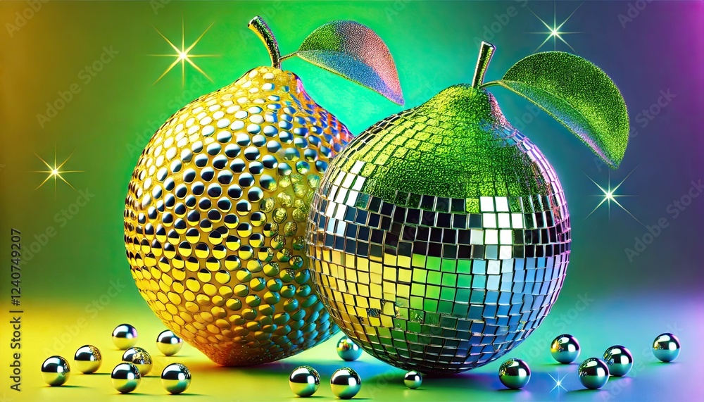 Disco balls like lemons and limes on a neon background. Contemporary ...