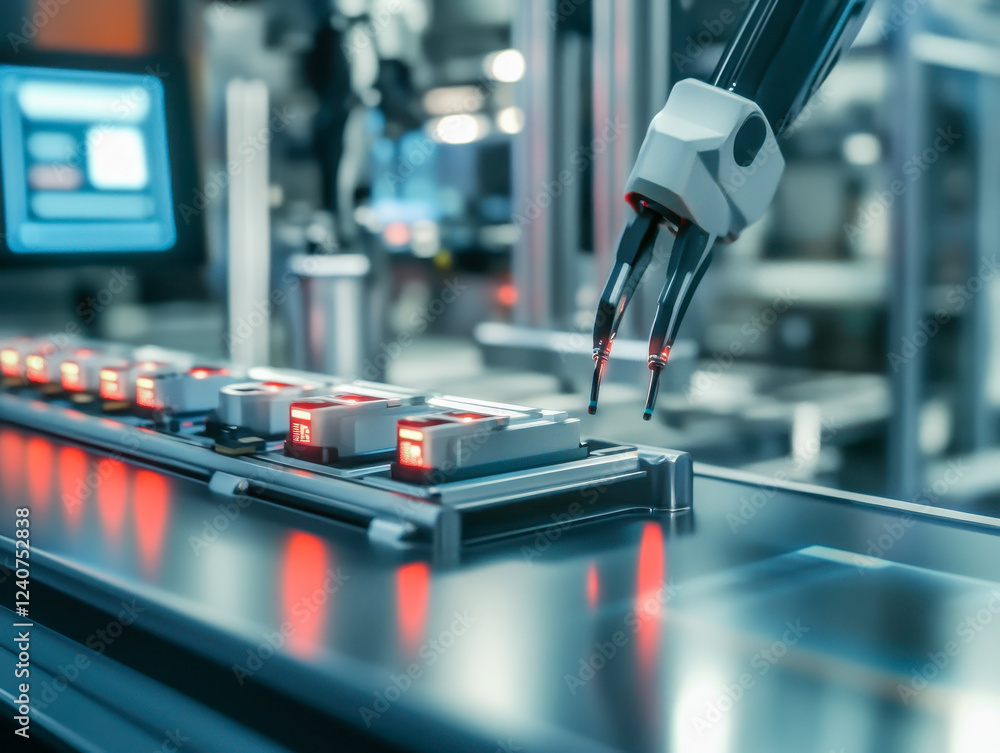 Robotic arm picking components on assembly line in modern factory Stock Photo | Adobe Stock
