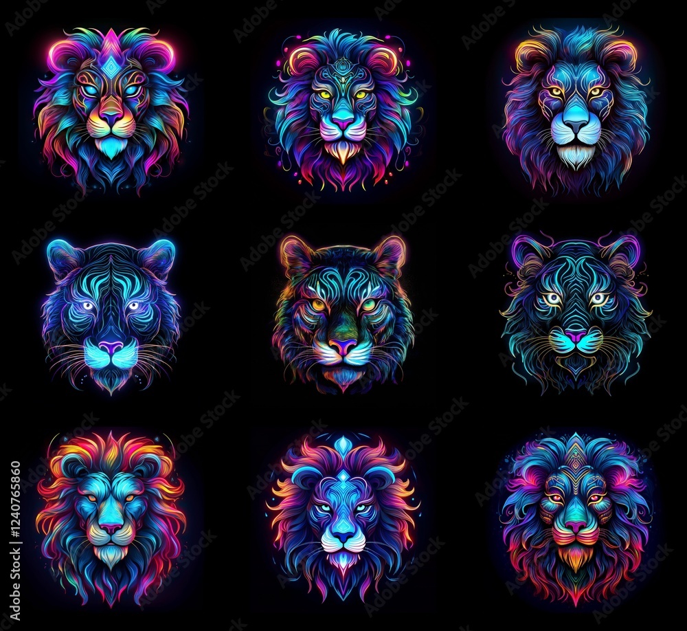 Nine vibrant, neon-colored portraits of lions and tigers. Intricate ...