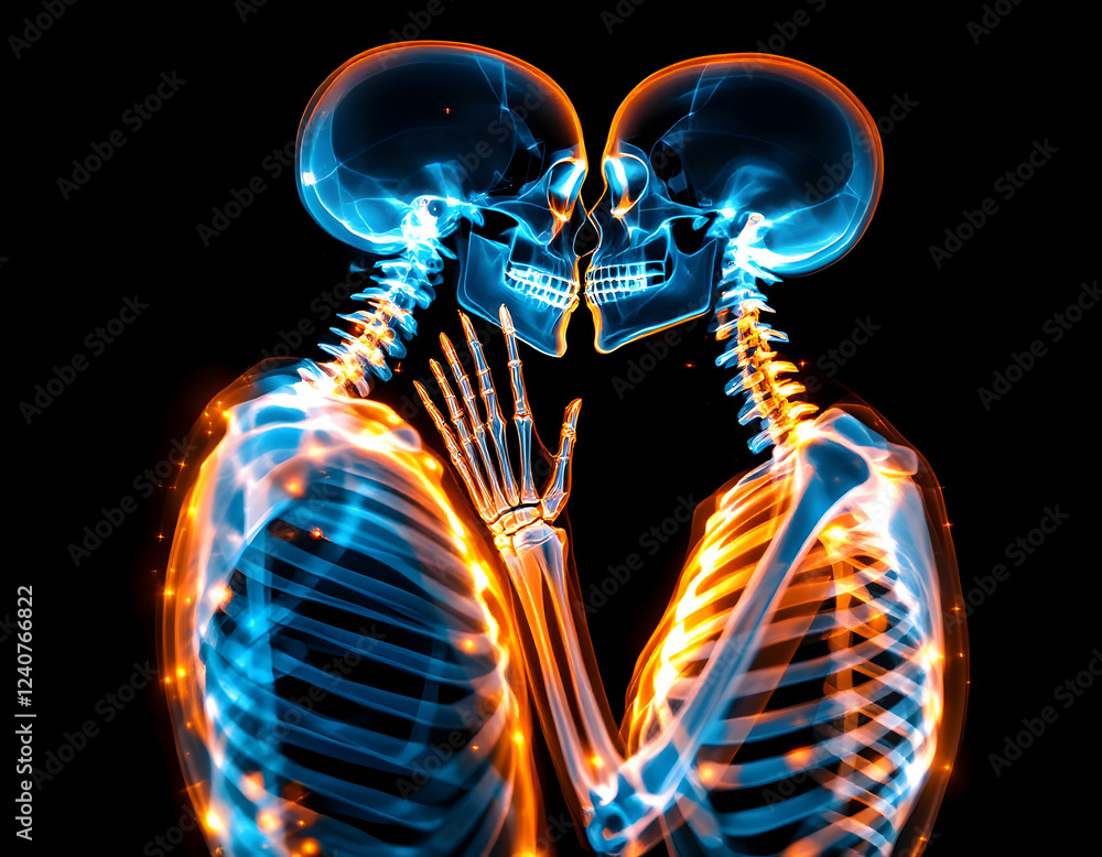 X-ray photograph of two skeletons embracing and kissing, captured in a ...