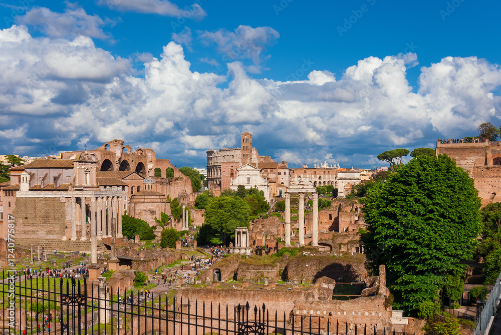 Roman Forum ancient ruins with Coliseum and Palatine Hill panoramic ...