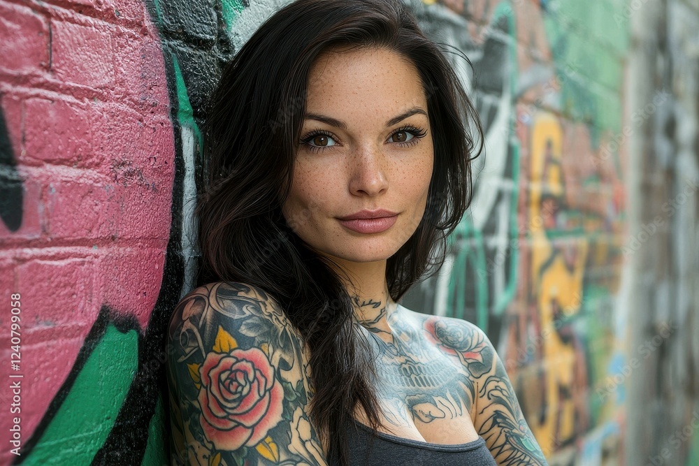 Edgy Woman with Full Sleeve Tattoos A striking woman with long, dark ...