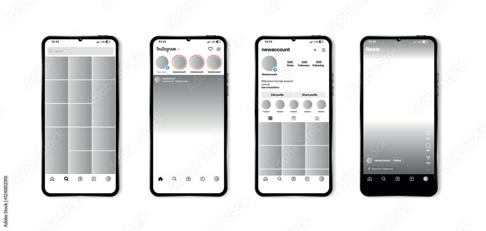 Instagram mobile App interface template mockup. Instagram icons set ...