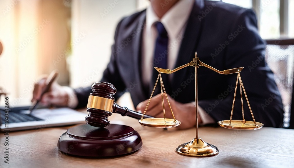 wooden gavel and justice scales on table courtroom legal symbols law ...