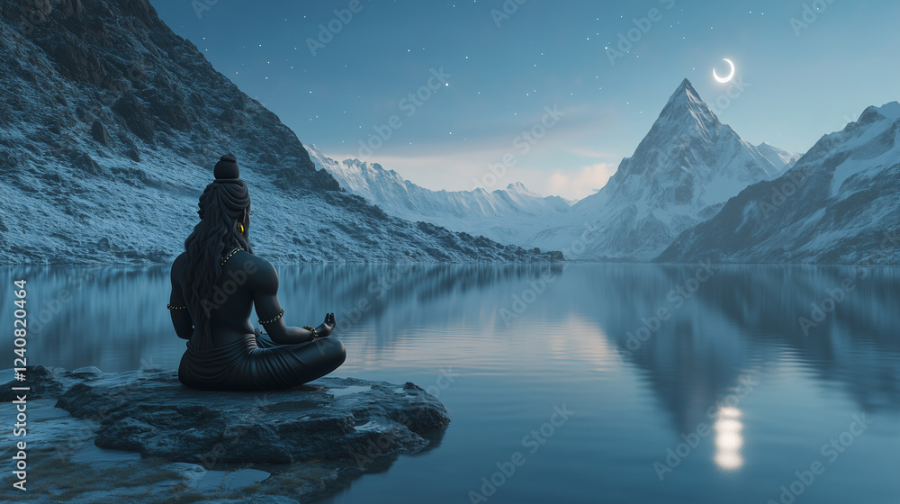 Stock-Illustration „Maha Shivaratri: Lord Shiva in Meditation Pose by the Lake, Crescent Moon ...