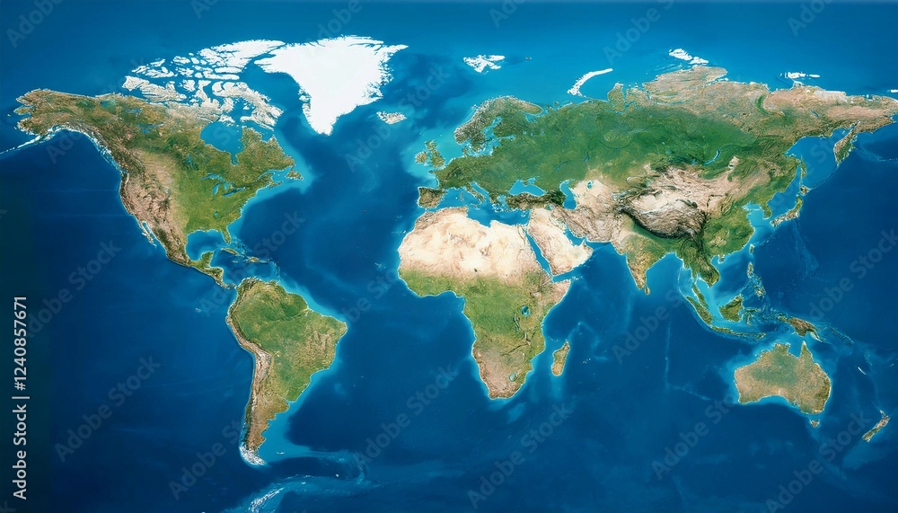 satellite-style map of the world. It depicts Earth's continents and oceans with realistic colors ...