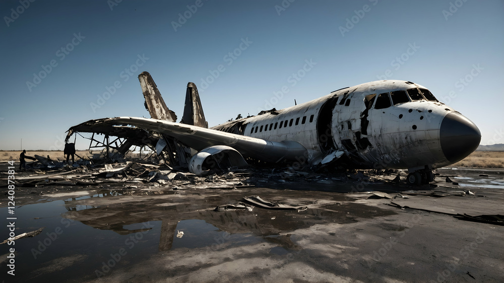Crashed Boeing airplane remains scattered across an open field under ...