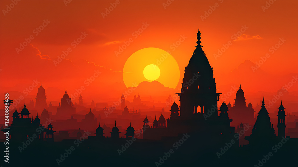 Silhouette of temples during sunset or sunrise orange and red sky ...