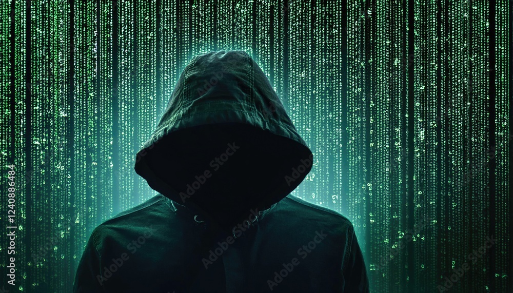 Mysterious hooded figure standing before a digital binary code background, representing cyber ...