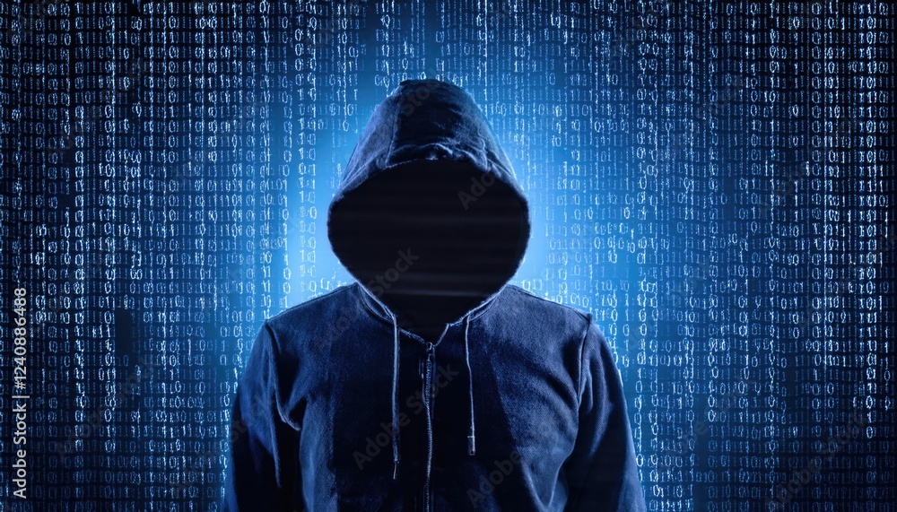 Mysterious hooded figure standing before a digital binary code background, representing cyber ...