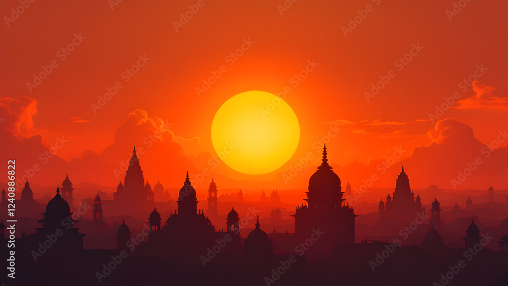 Silhouette of temples during sunset or sunrise orange and red sky ...