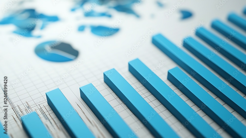 A detailed graph featuring blue bars and pie charts, representing data analysis on a grid ...