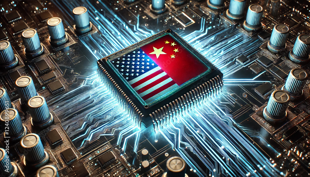 Ilustración de Stock Flag of USA and China on a processor, CPU or GPU ...