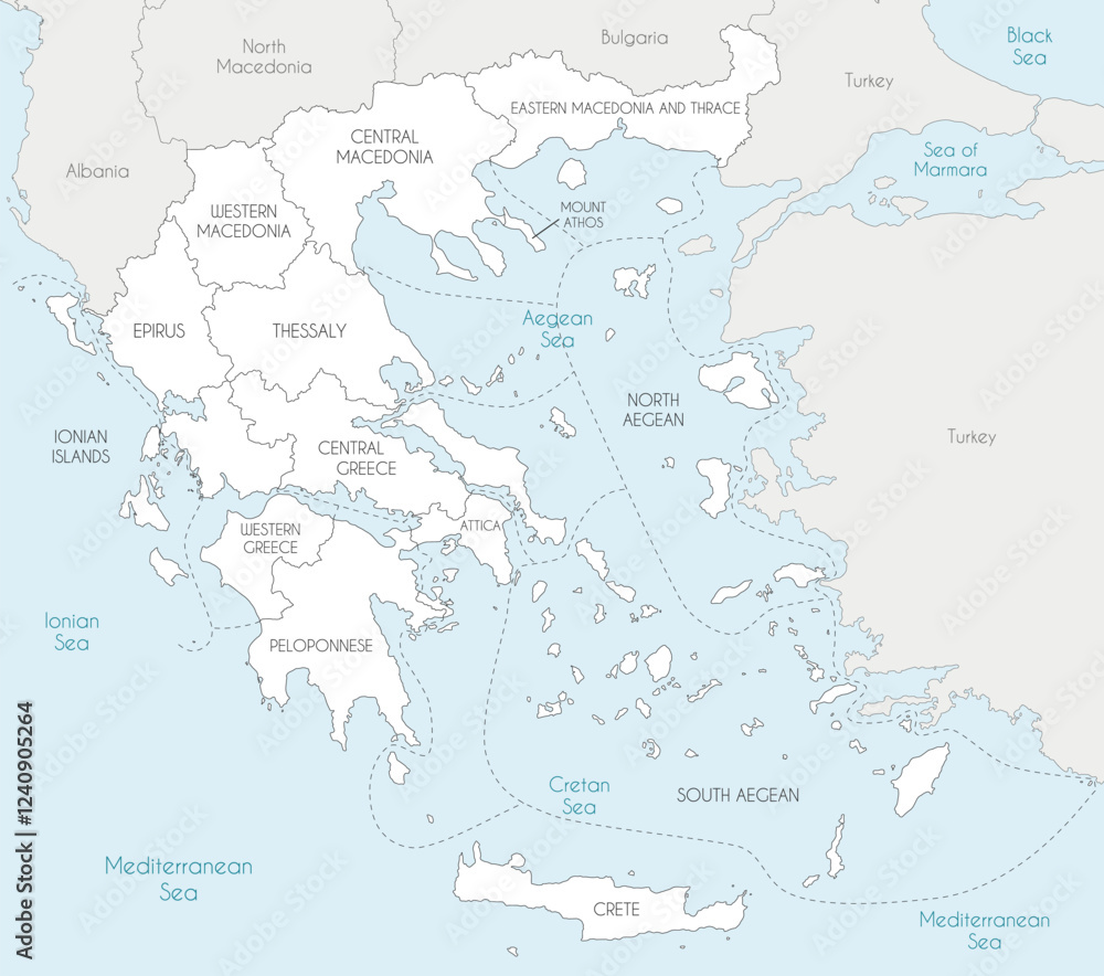 Vector map of Greece with regions and administrative divisions, and neighbouring countries and ...