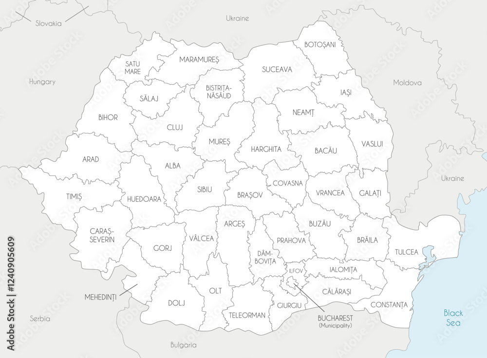 Vector regional map of Romania with counties and administrative ...
