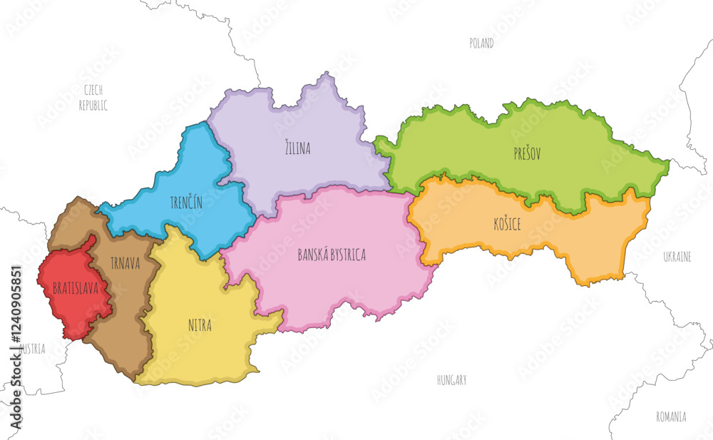 Vector illustrated map of Slovakia or Slovak Republic with regions and ...