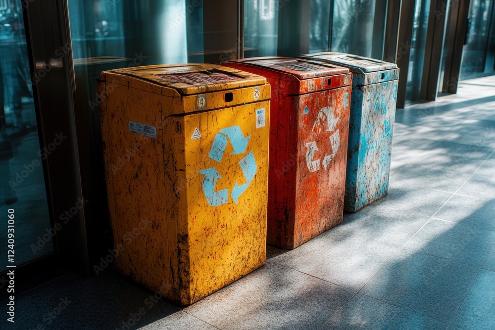 Vibrant Public Recycling Bins A set of colorful recycling bins in a public space with clear ...