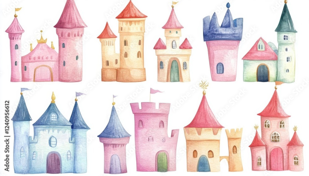 Tiny castle with a little princess crown collection, Watercolor style ...