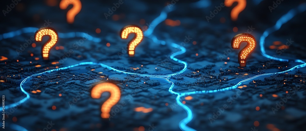 Unclear map with question marks and dotted lines, swirling paths ...