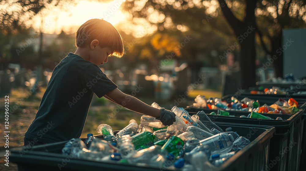 Young boy carefully placing plastic bottles into a recycling bin ...