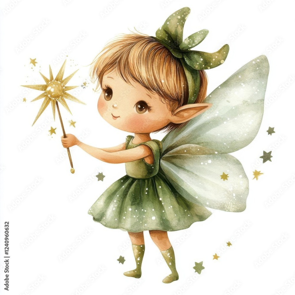 Tiny pixie with a little wand collection, Watercolor style, isolated on white background ...