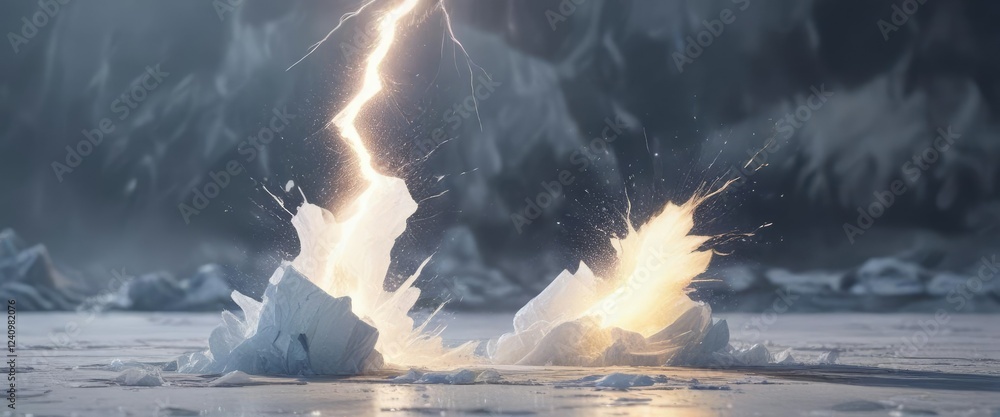Watercolor art of a lightning bolt hitting an ice formation, heritage ...