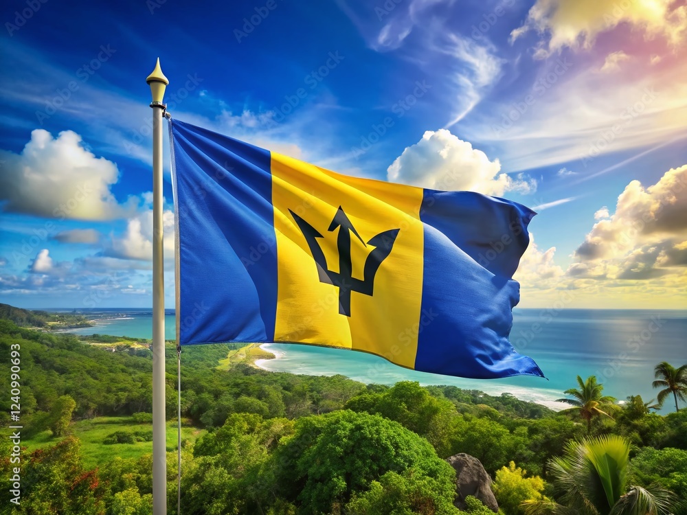 Barbados Flag Waving In Tropical Landscape 4k Ultra Hd Stock Video