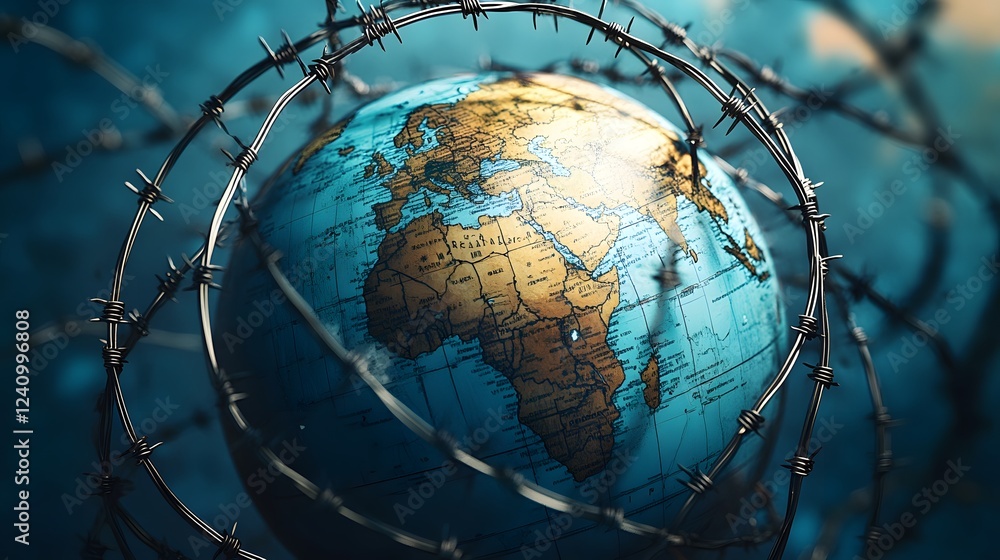 Globe Entangled: A stark and symbolic image of a vintage globe ensnared ...