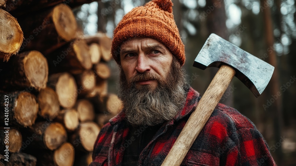 Bearded man in plaid shirt and knit hat holding an axe, standing near a ...