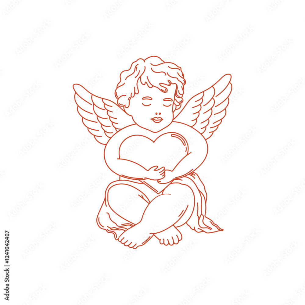 Valentines day linear illustration. Cute baby angel with wings and ...