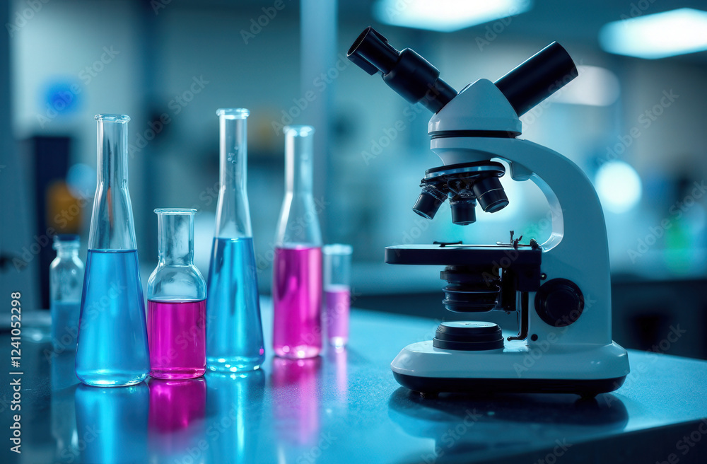 Science laboratory chemistry test science lab with microscope, glass ...