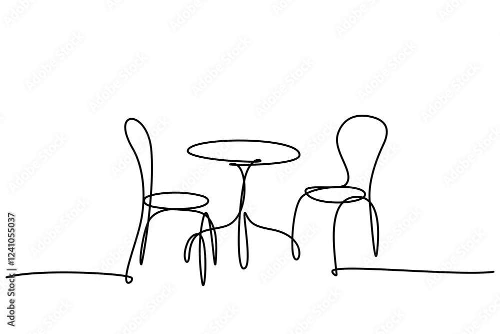 Garden chairs and table in continuous line art drawing style. Classic ...