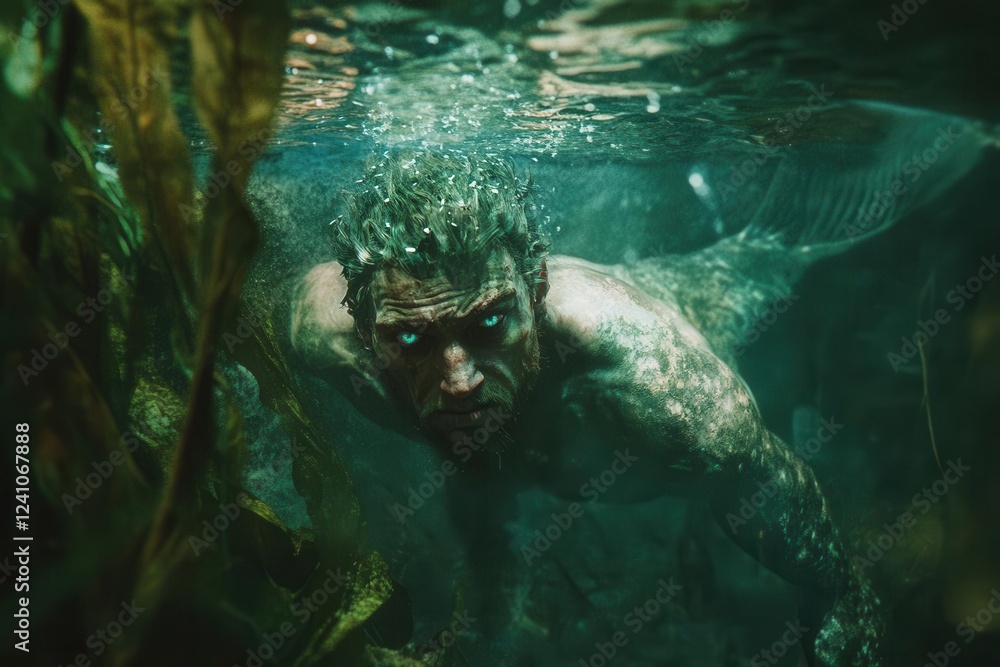creepy merman emerges from a murky swamp, half fish and half man, with ...
