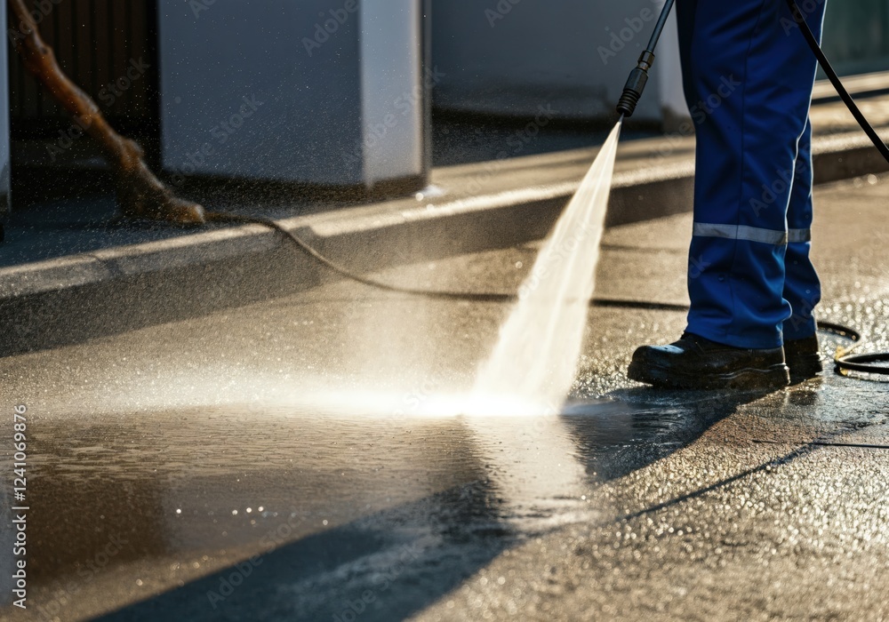 Cleaning service worker using a powerful pressure washer, spraying ...