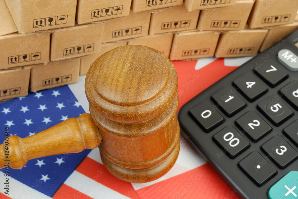 Counting tariffs between Canada and USA. Canadian and US flags with ...