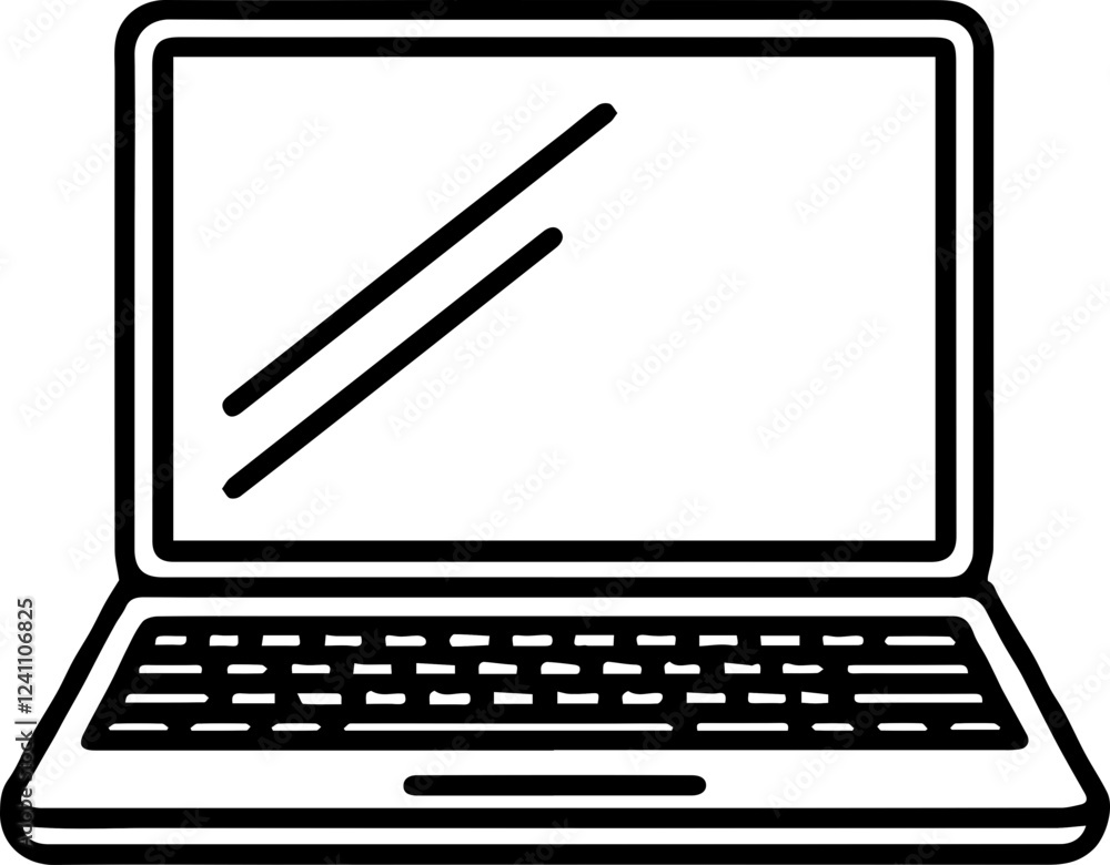 Illustrasi laptop, computer, notebook hitam putih dengan gaya gambar ...