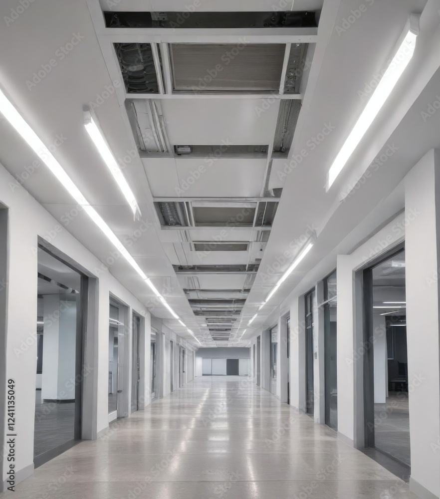 Modern white ceiling with ductwork vents and LED lights in an office ...