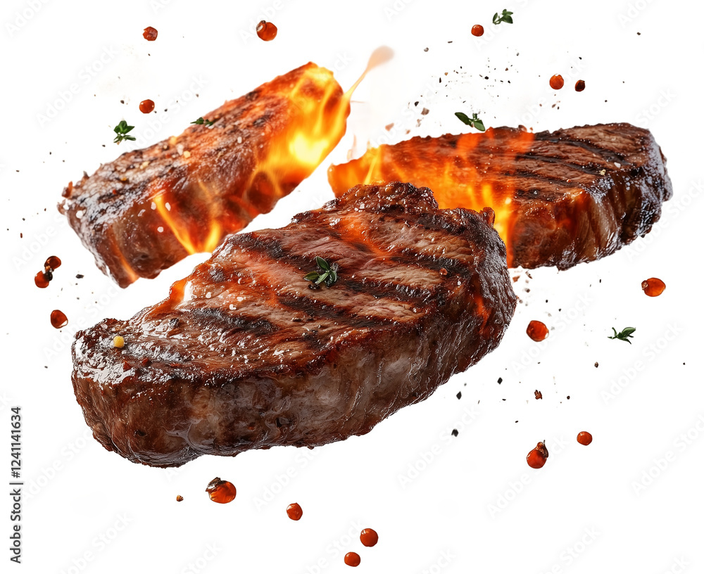 Grill Pork Chops Beef steaks, realistic 3d brisket flying in the air ...