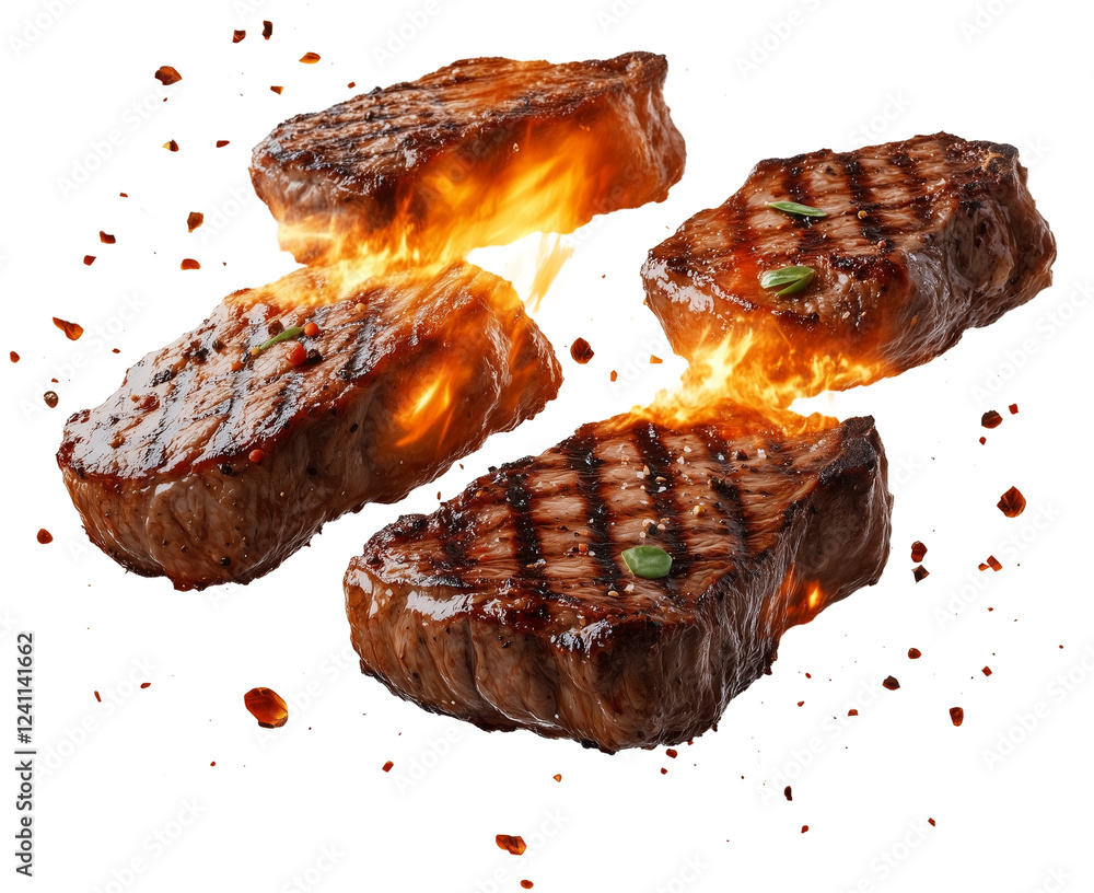 Grill Pork Chops Beef steaks, realistic 3d brisket flying in the air ...