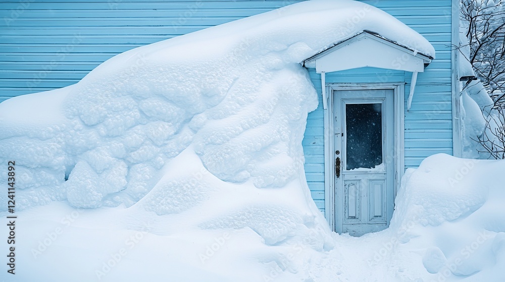 Thick layers of snow closing off the front door of a house, forming a ...