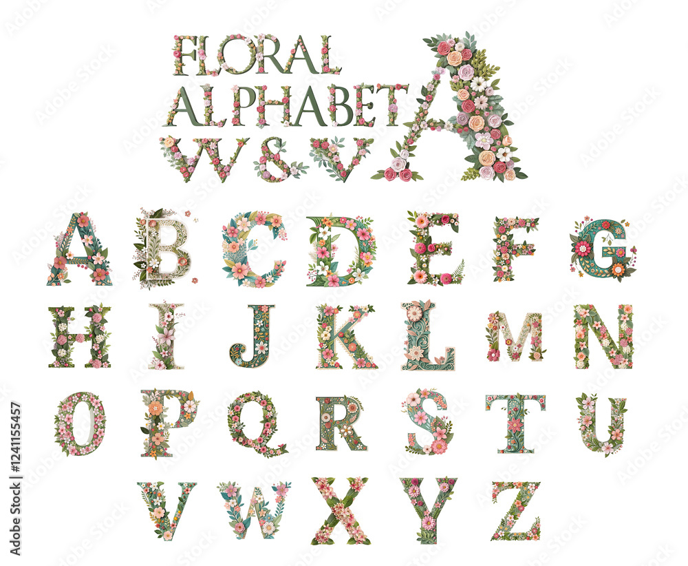 Floral English alphabet set with wild flowers from A to Z png Stock ...