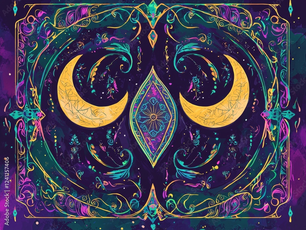 Stylized Moon tarot card art, symmetrical composition, folklore symbols ...