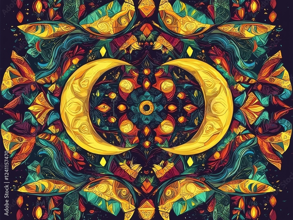 Stylized Moon tarot card art, symmetrical composition, folklore symbols ...