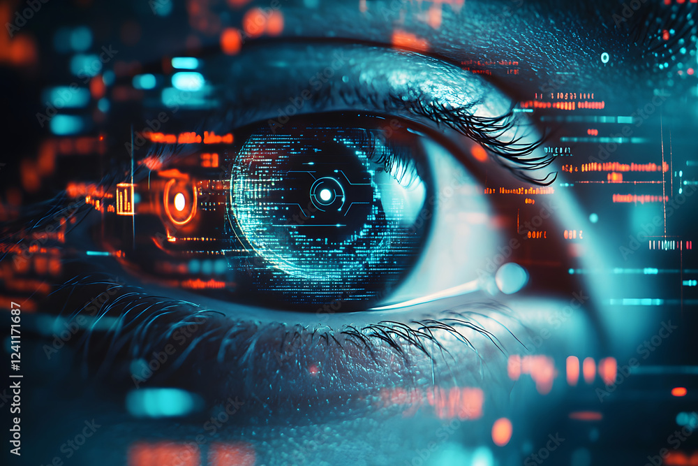 Foto de Stock Human eye with cyber retinal recognition for neuro link ...