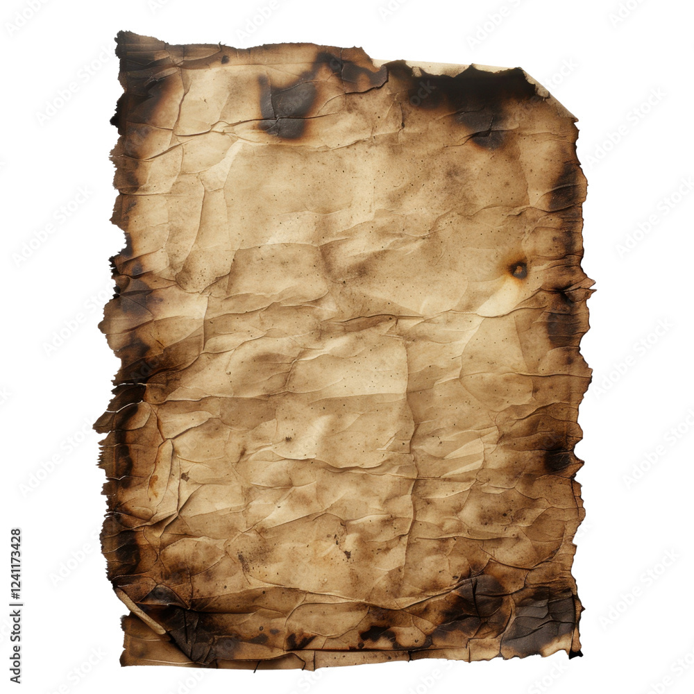Aged, crumpled parchment with burnt edges, perfect for vintage designs ...