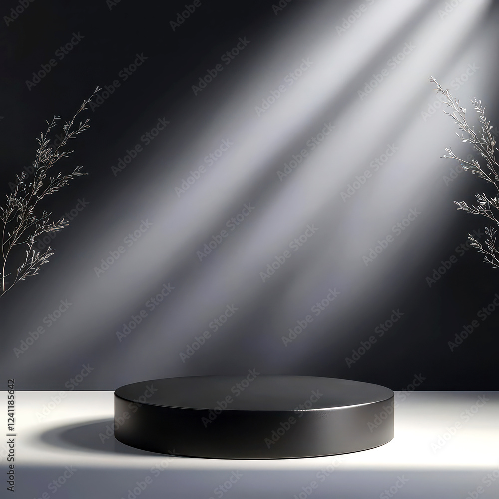 Circular podium with a glossy finish on a sleek, elevated stage, soft ...