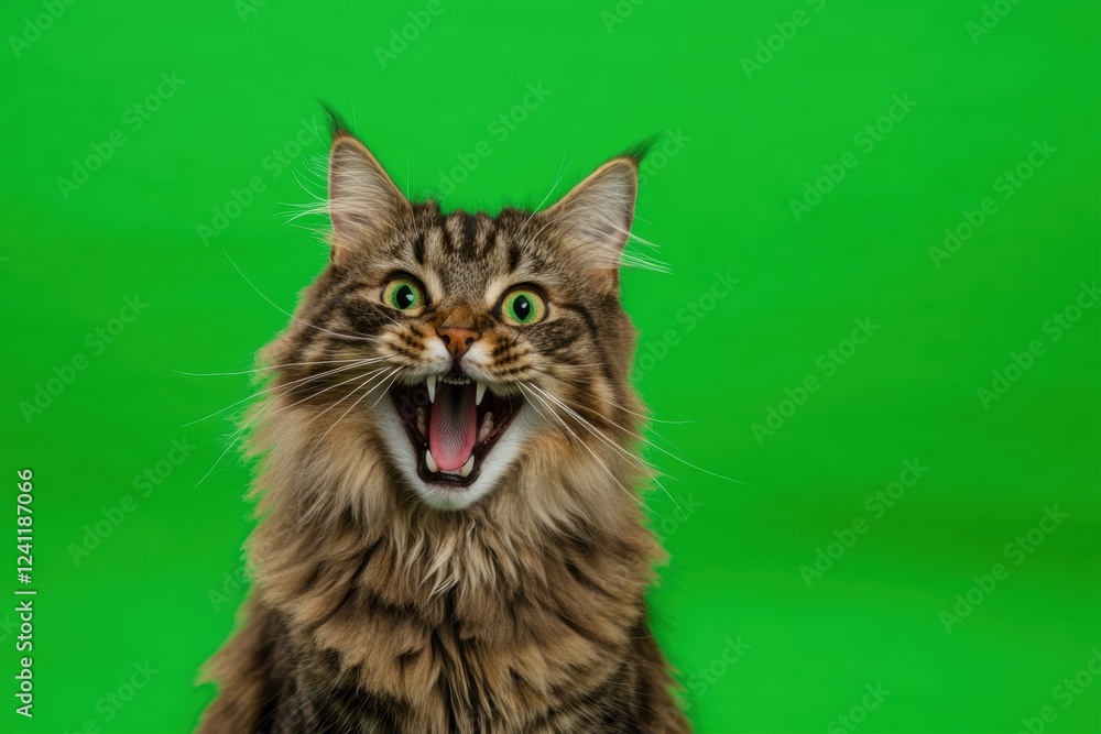 Tabby cat on green screen isolated with chromakey, real shot. Close-up ...