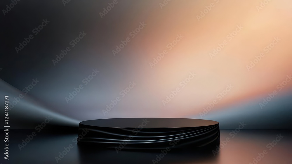 Elegant podium with soft curves on a sleek reflective stage, subtle ...