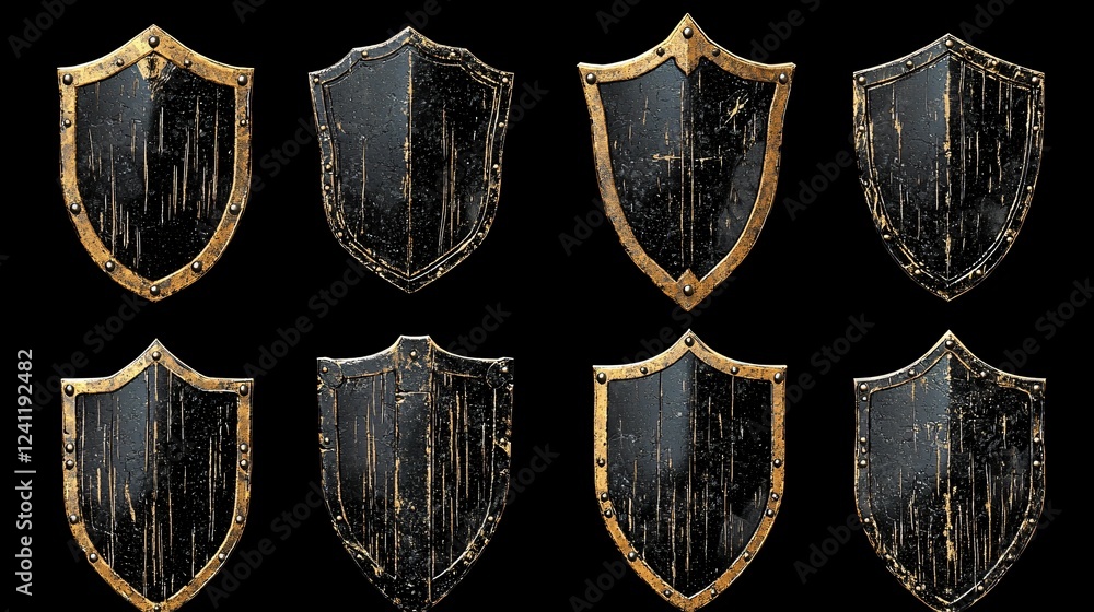 Eight medieval-style shields, dark wood, gold trim, black background ...