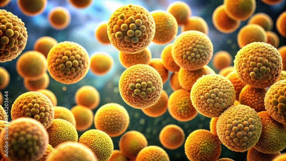 Cluster of spherical Staphylococcus aureus bacteria magnified under a ...